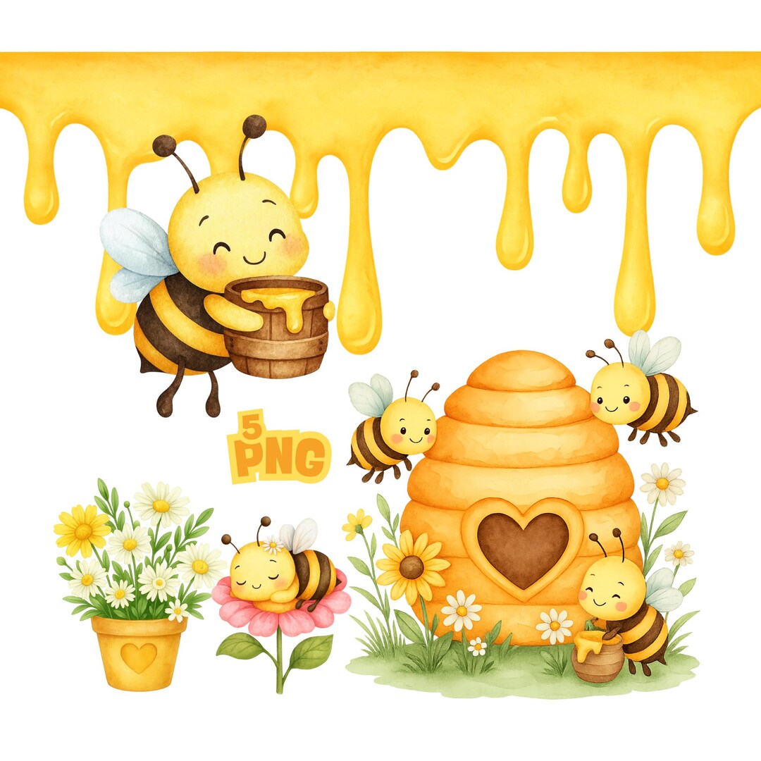 5 Watercolor Digital Clipart Bees, Instant Download PNG, Commercial Use ...