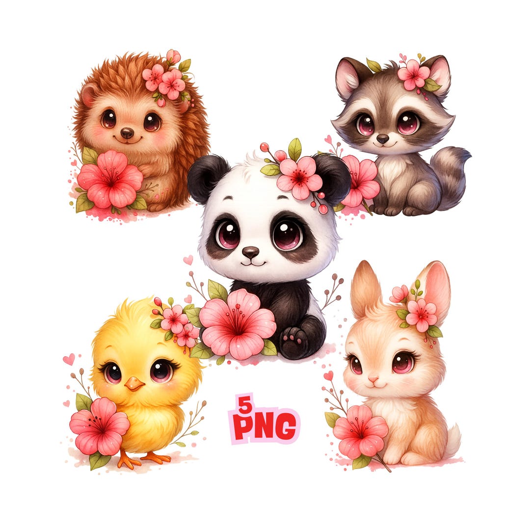 Cute Baby Animal Clipart Set, 5 PNG Woodland Animals, Bunny, Panda ...