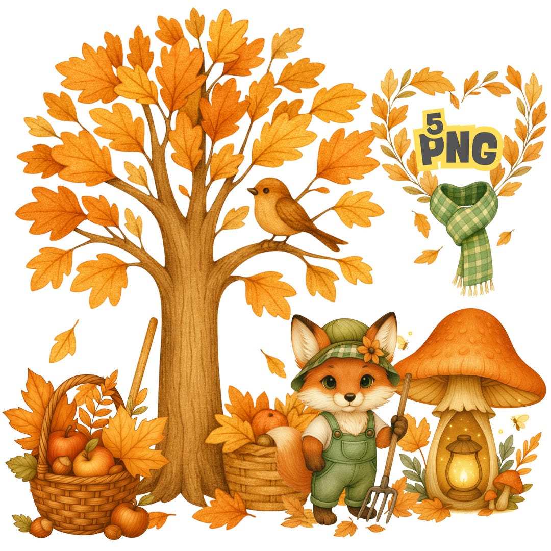 Autumn Clipart Set | 5 Cozy Fall Pngs | Fox, Tree, Pumpkin Basket ...