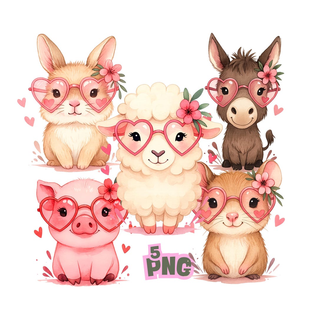 Watercolor Valentine's Farm Animals Clipart PNG Set (digital Download ...