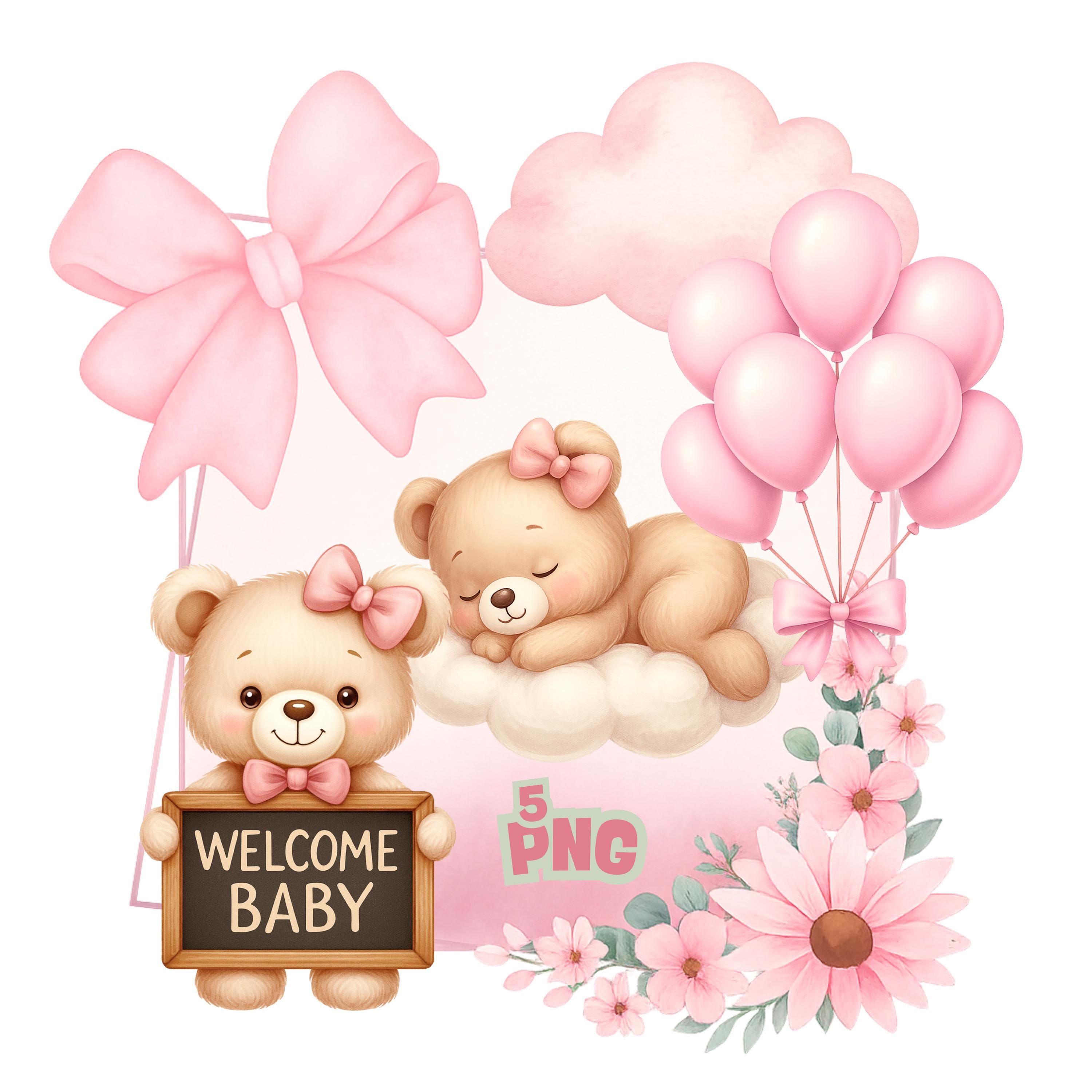 Baby Shower Clipart, Bear and Bow PNG, Digital Illustrations - Etsy