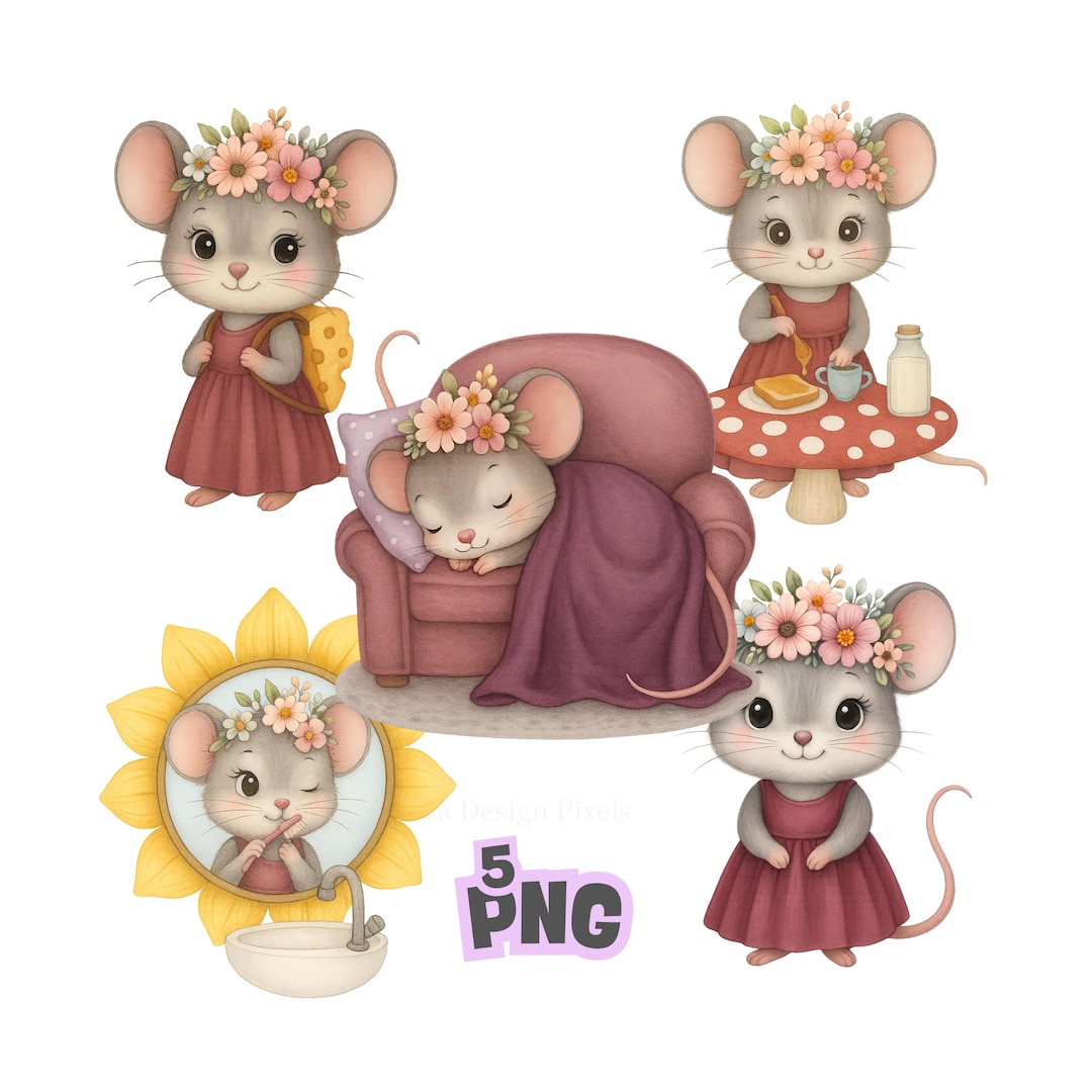 Morning Routine Mouse Clipart Set | 5 Cute Mice Pngs | Flower Crown ...