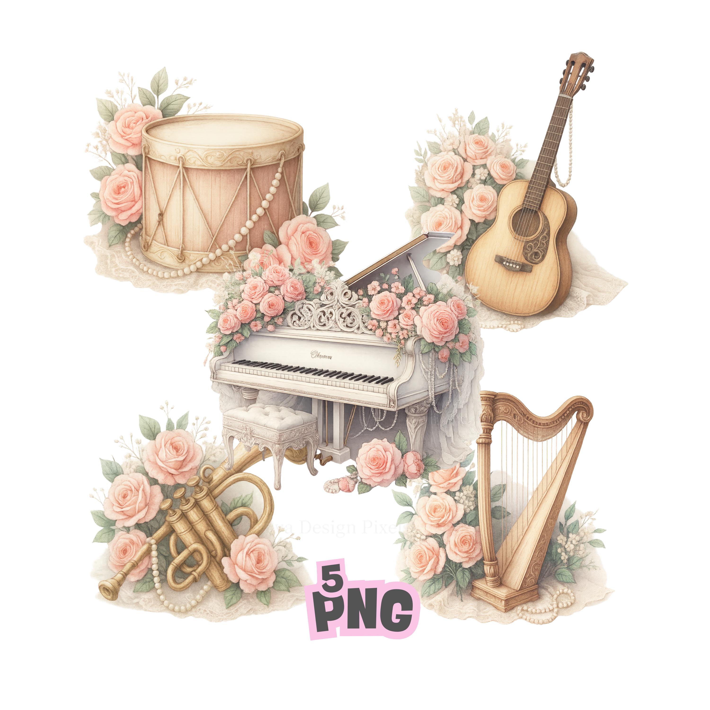 Vintage Floral Musical Instrument Clipart | Shabby Chic PNG (digital ...