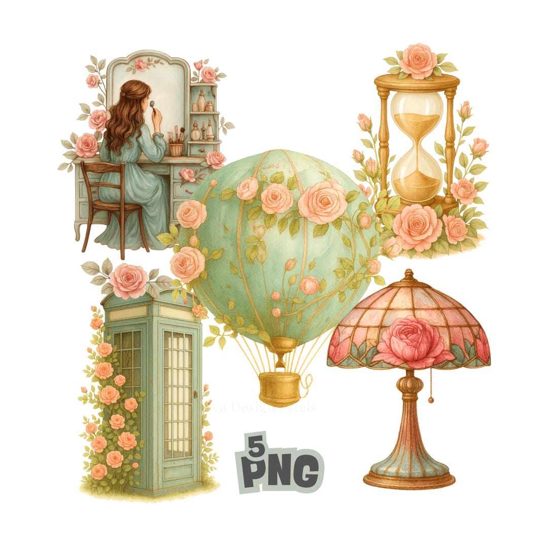 Vintage Romantic Watercolor Clipart, French Illustration Set Digital ...