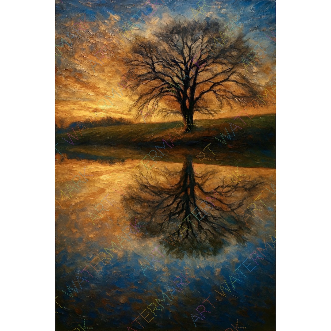 Reflection Painting on Canvas | Tree Sunset Pond Wall Art | Tranquil ...