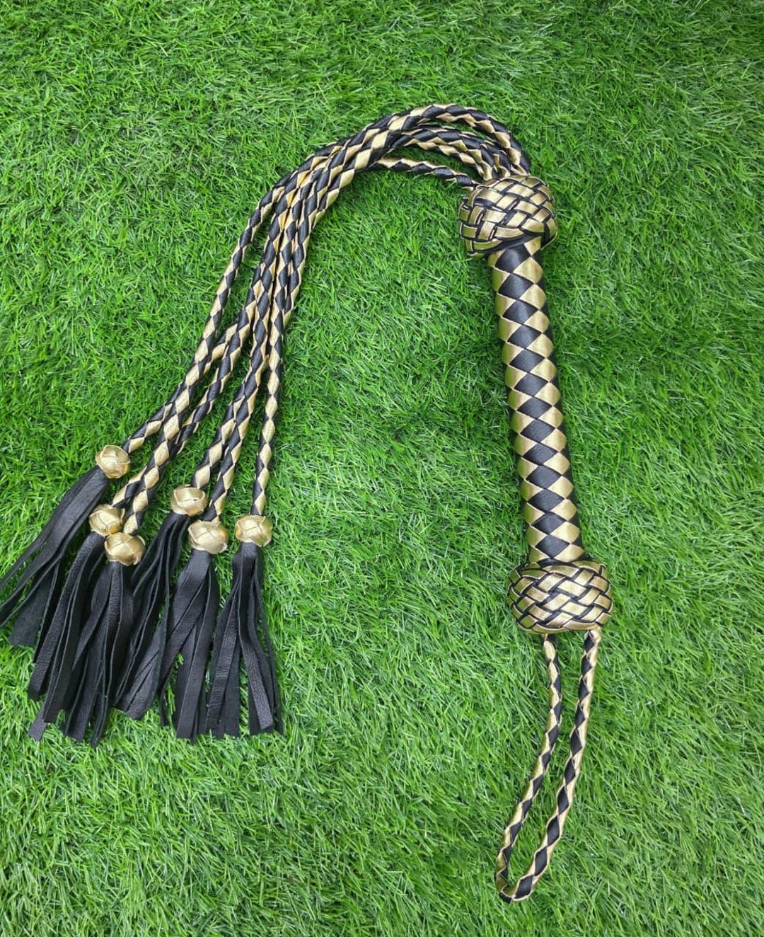 Handmade Leather Flogger With Braided Handle – Black and Gold Whip ...