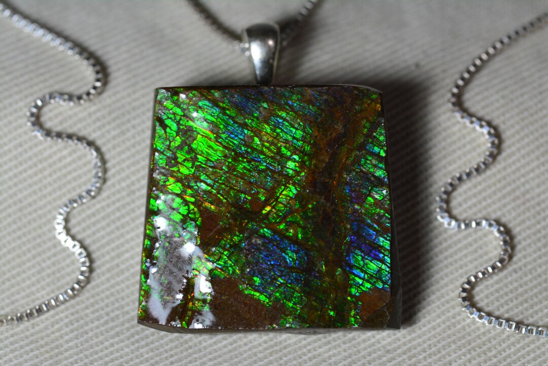 Green Blue Ammolite Necklace Sterling Silver Pendant Genuine Natural ...