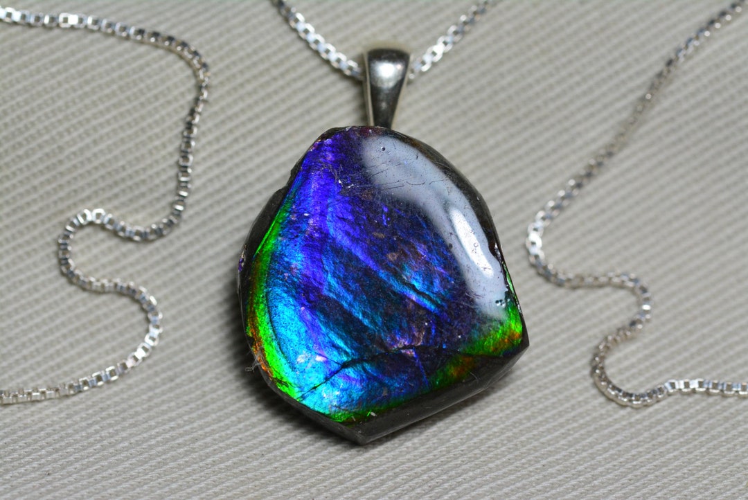 Blue Green Raw Ammolite Necklace Sterling Silver Pendant Genuine ...