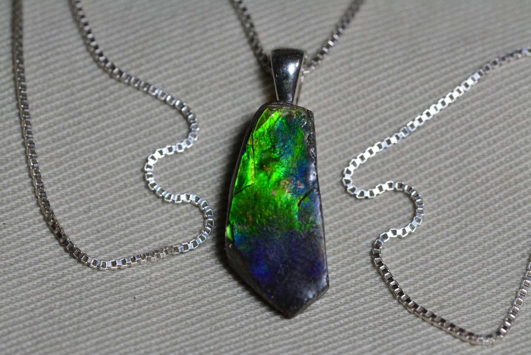 Green Blue Ammolite Necklace Sterling Silver Pendant Genuine Natural ...