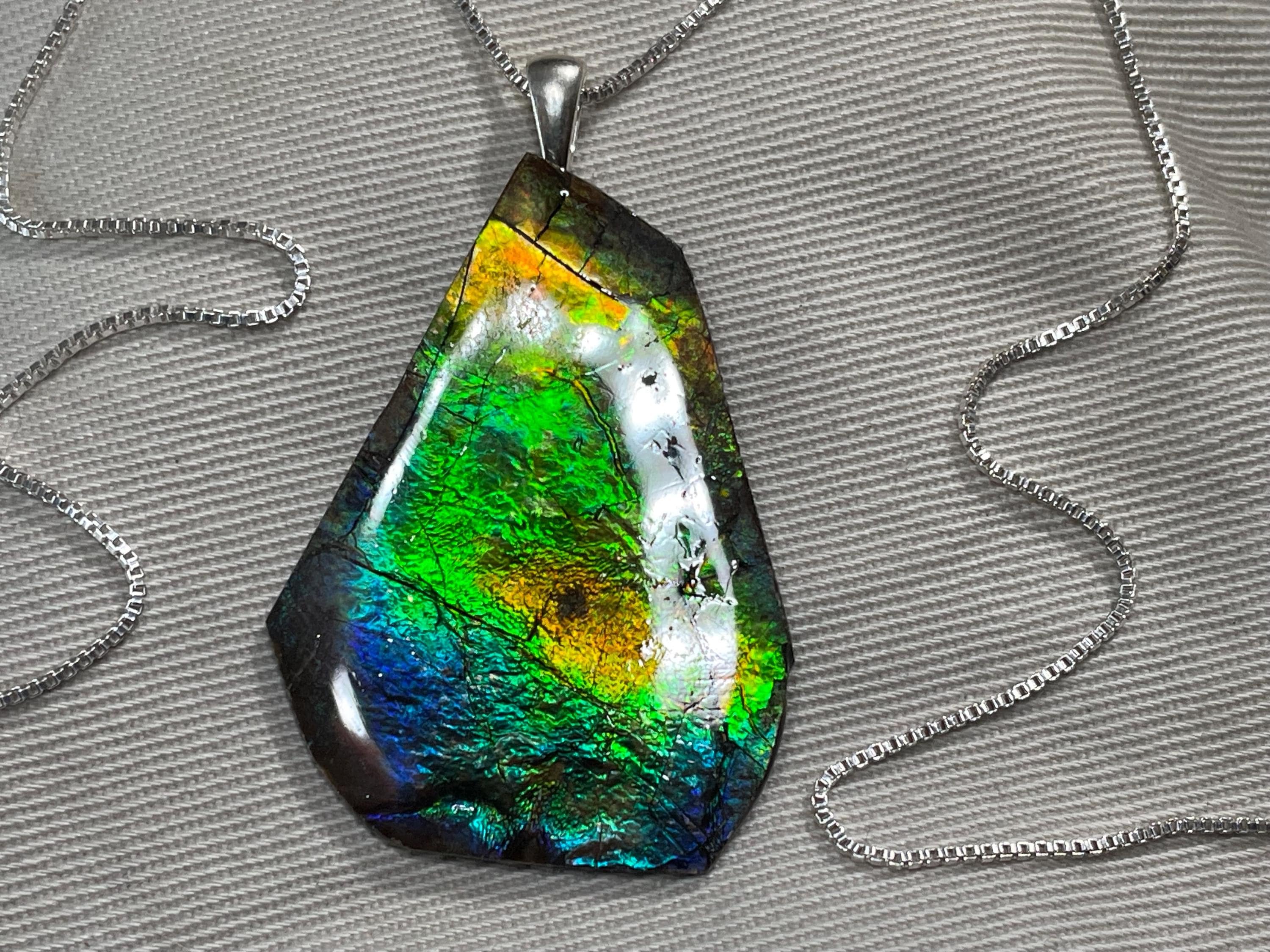 Large Rainbow Ammolite Necklace Sterling Silver Pendant Natural Real ...