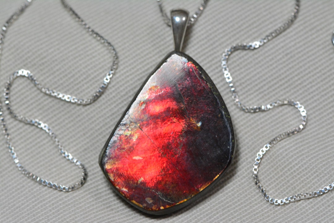 Red Ammolite Necklace, Sterling Silver Pendant, Genuine Natural Real ...