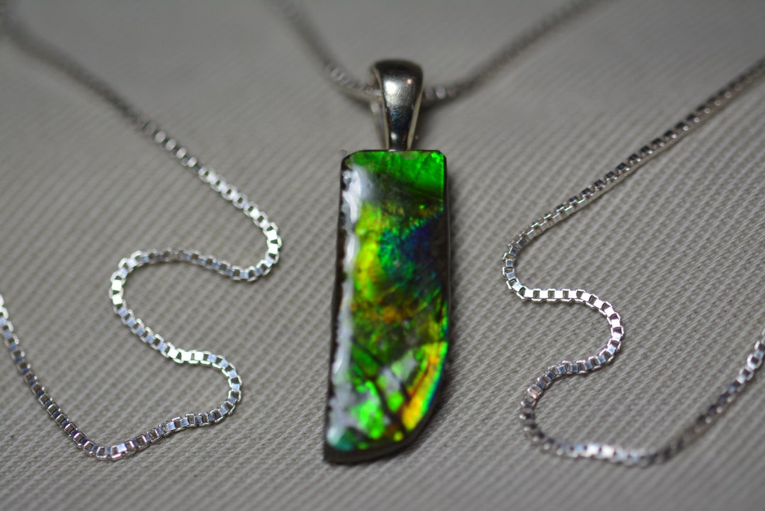Green Ammolite Necklace Sterling Silver Pendant Genuine Natural Real ...