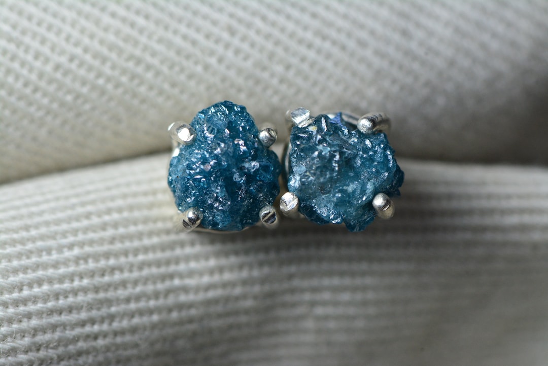 Raw Blue Diamond Earrings, Certified 2.01 Carat Rough Diamond Stud ...