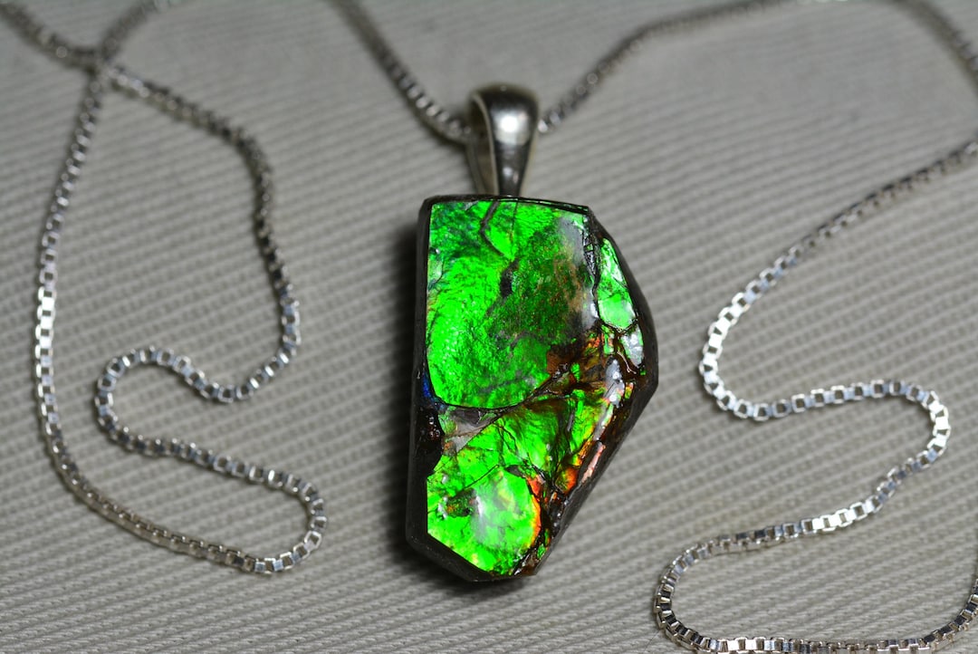 Green Raw Ammolite Necklace Sterling Silver Pendant Genuine Natural ...