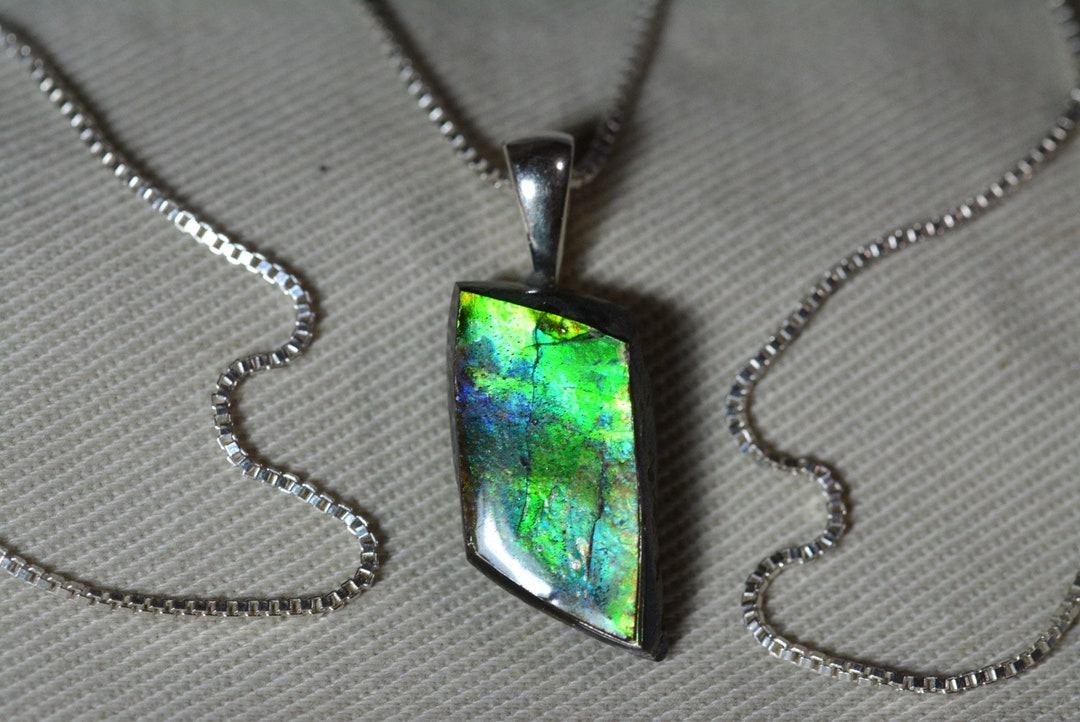 Blue Green Ammolite Necklace Sterling Silver Pendant Genuine Natural ...