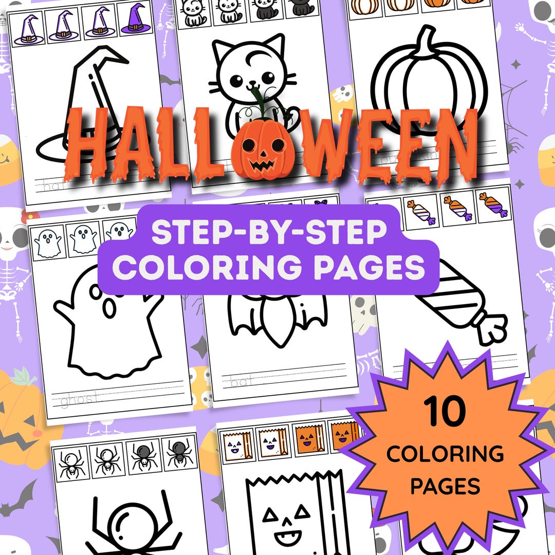 Halloween Step by Step Coloring Pages | 10 Pages - Etsy