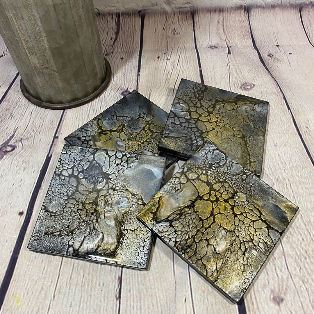 Wooden Coasters -set of 4- Paint Pour Coasters-resined - Etsy