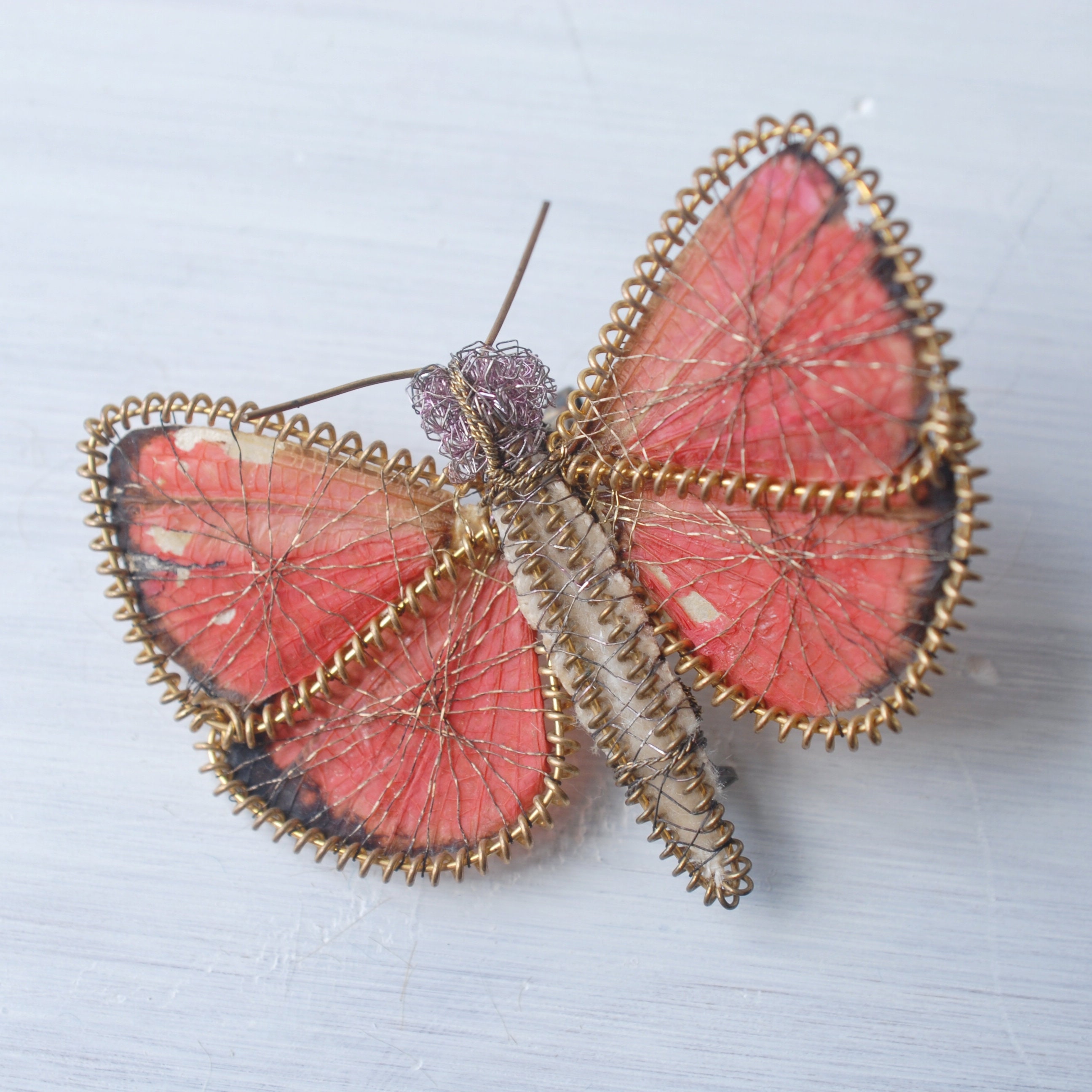 Vintage Wire Wrapped Butterfly Wing Gold Tone Brooch, Reddish Orange ...