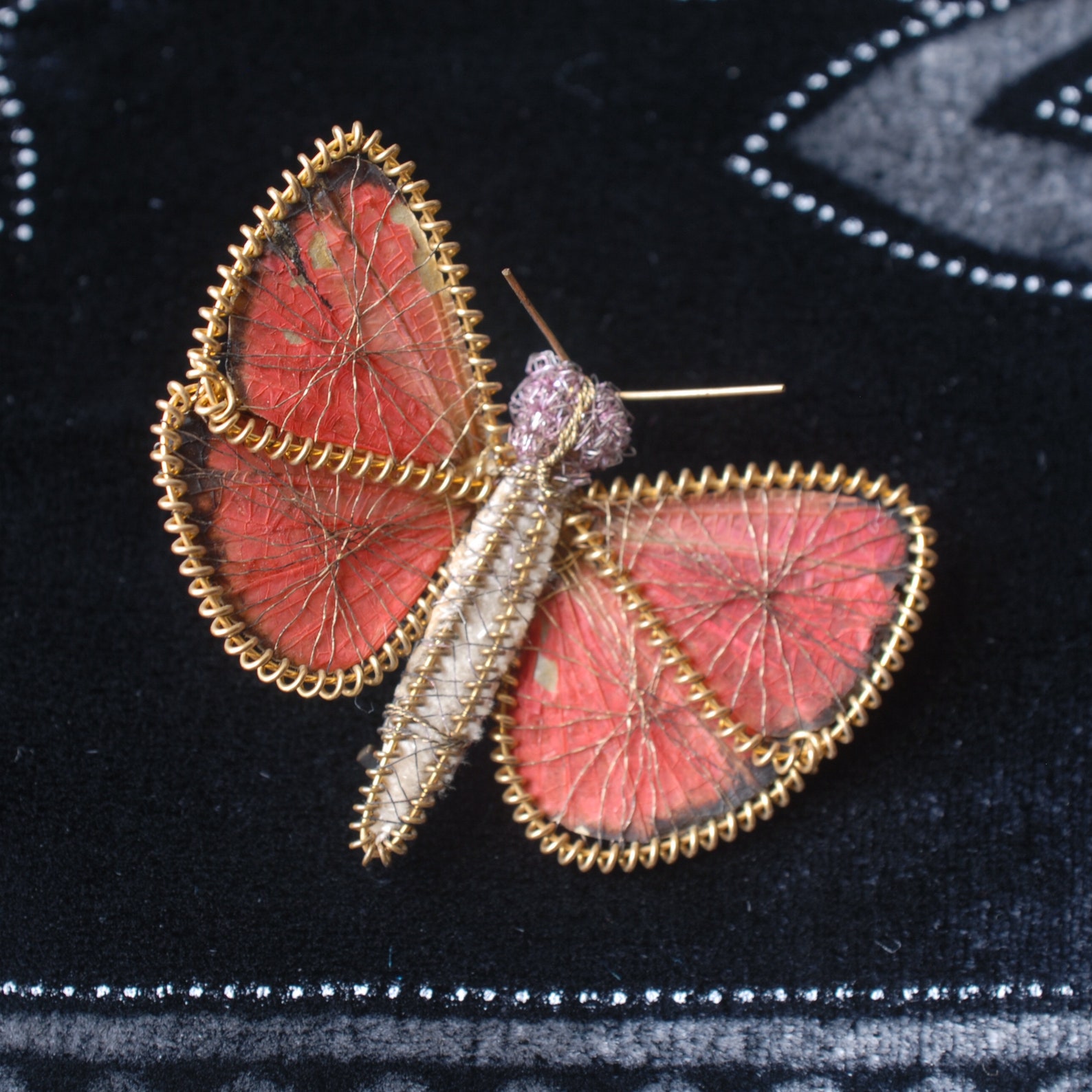 Vintage Wire Wrapped Butterfly Wing Gold Tone Brooch, Reddish Orange ...