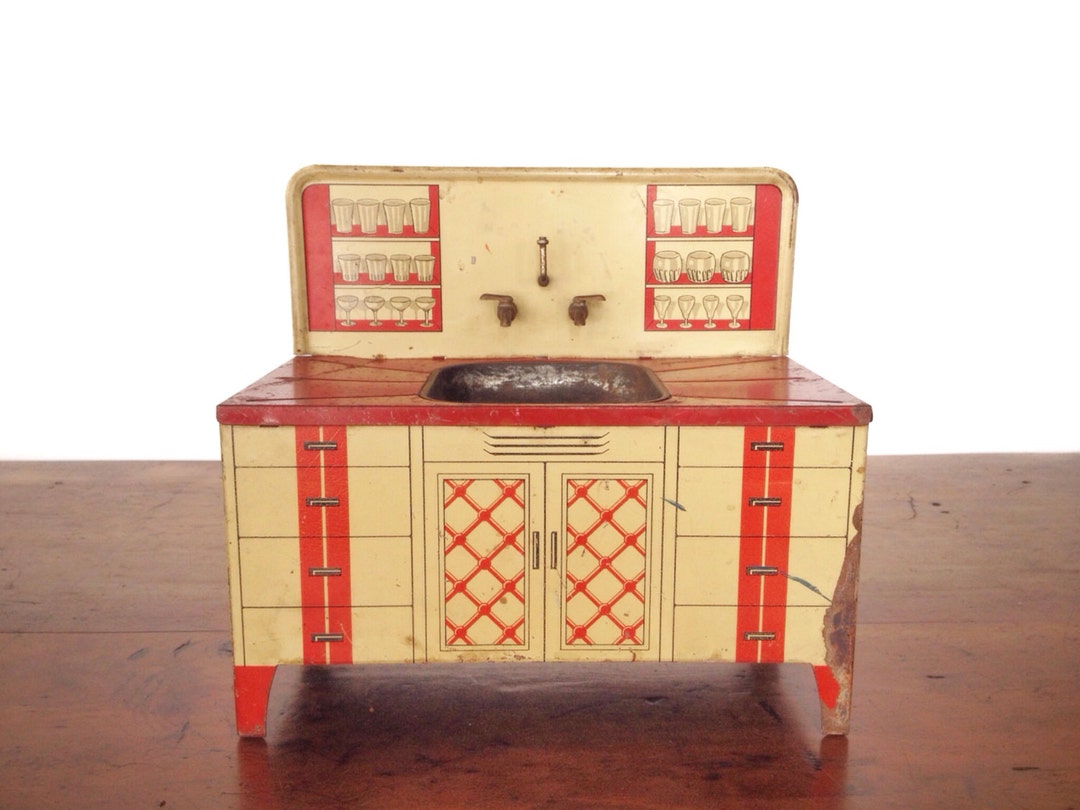 Wolverine Toy Sink, Tin Litho Play Kitchen, Yellow, Tomato Red, Black ...