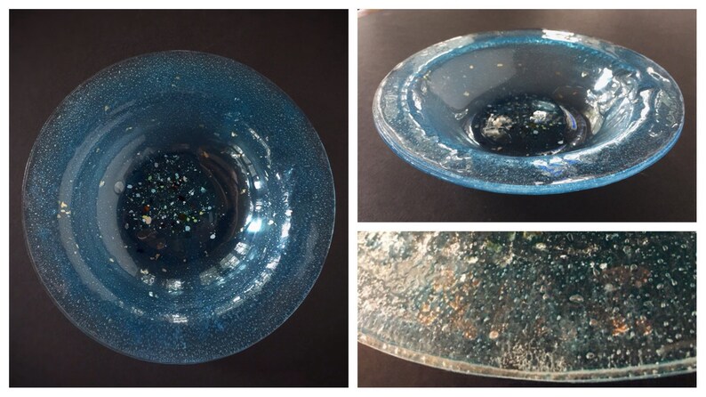 Vintage Spangled Glass Bowl, Cased Glass Dish, Art Glass, Blue, Gold ...