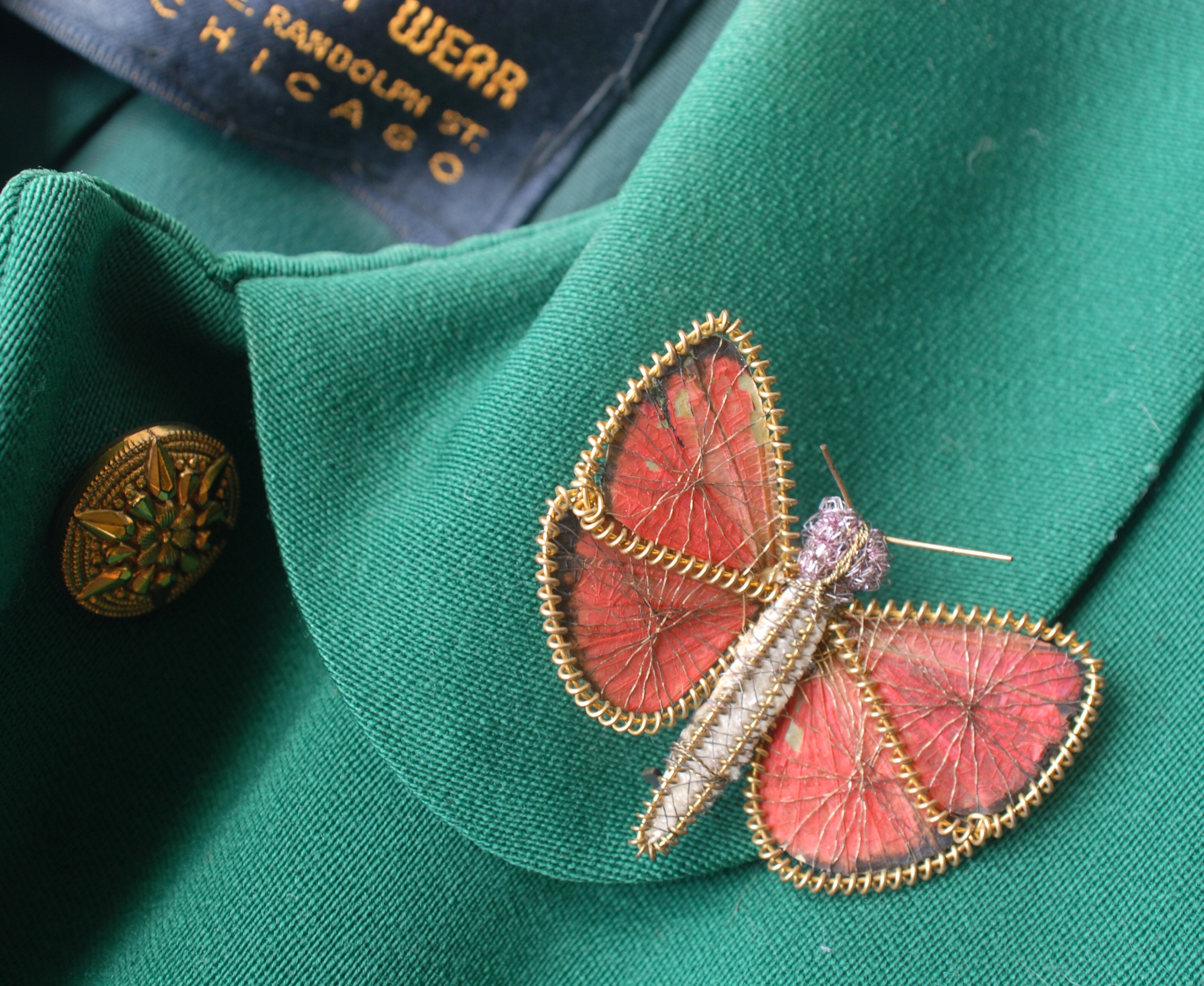 Vintage Wire Wrapped Butterfly Wing Gold Tone Brooch, Reddish Orange ...
