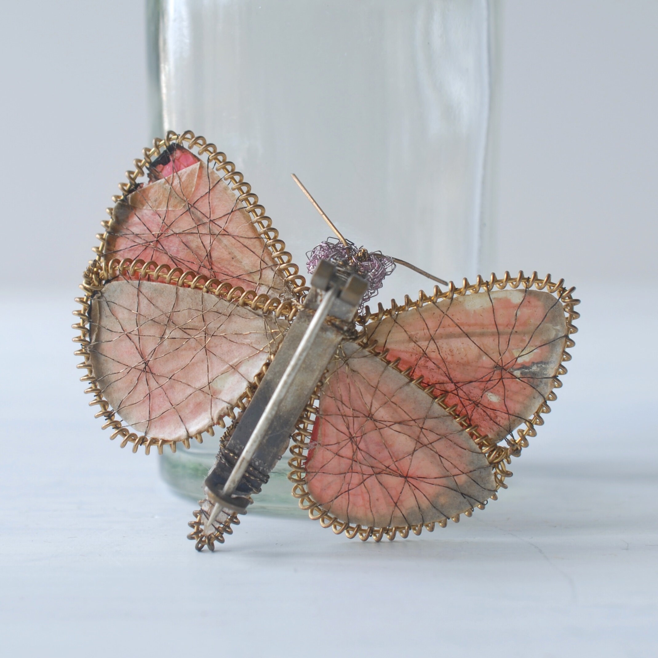 Vintage Wire Wrapped Butterfly Wing Gold Tone Brooch, Reddish Orange ...