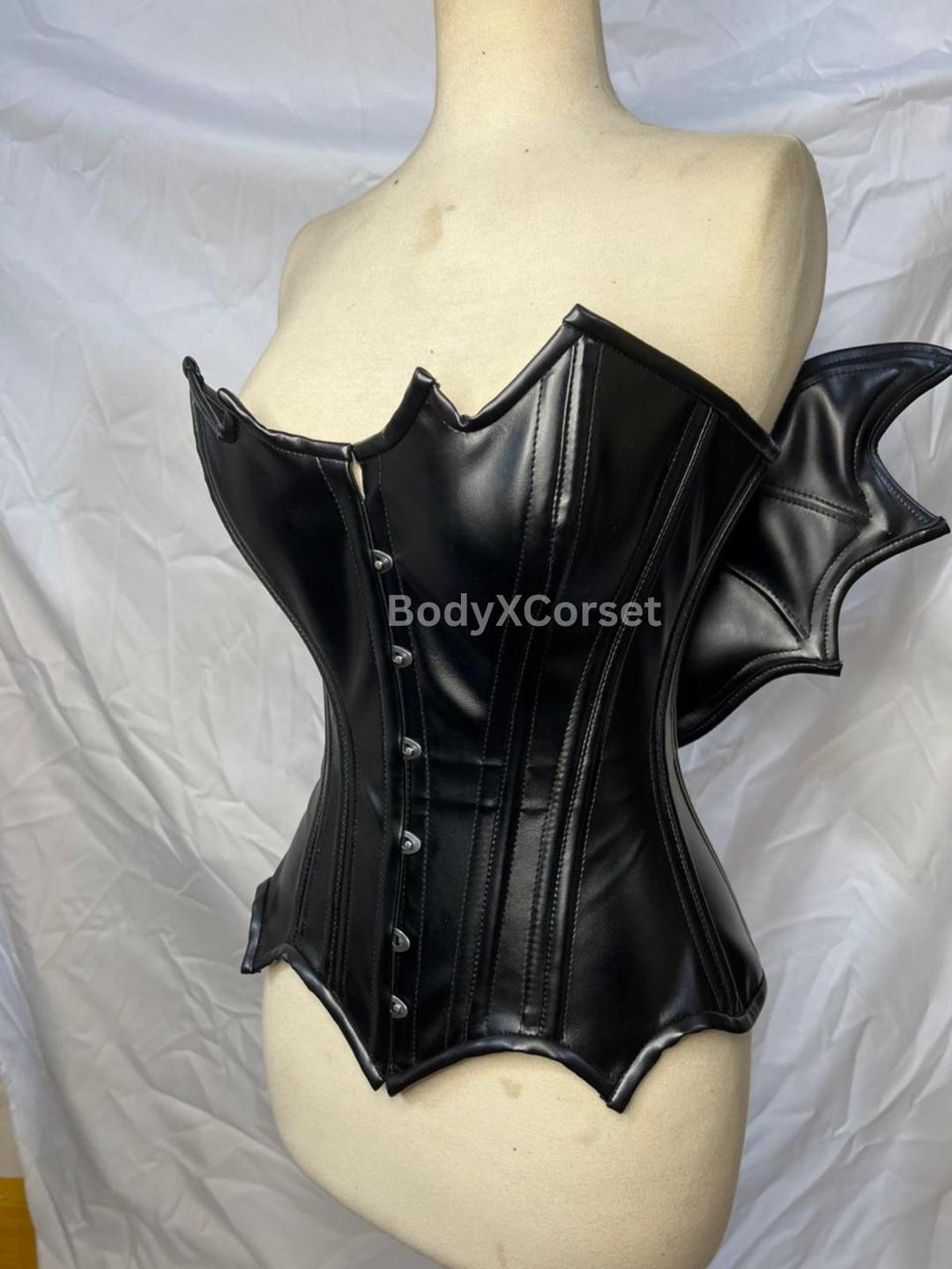Gothic Black Leather Corset With Bat Wings Faux Leather Waist Trainer ...