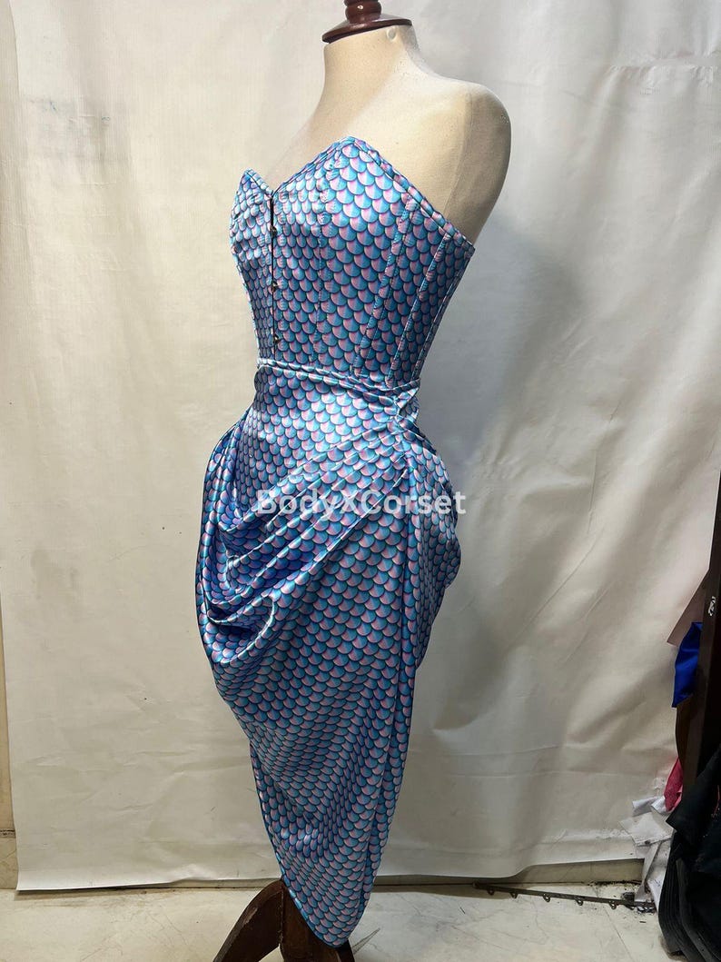 Mermaid Scale Corset Dress Strapless Sweetheart Gown, Shiny Blue Pink ...