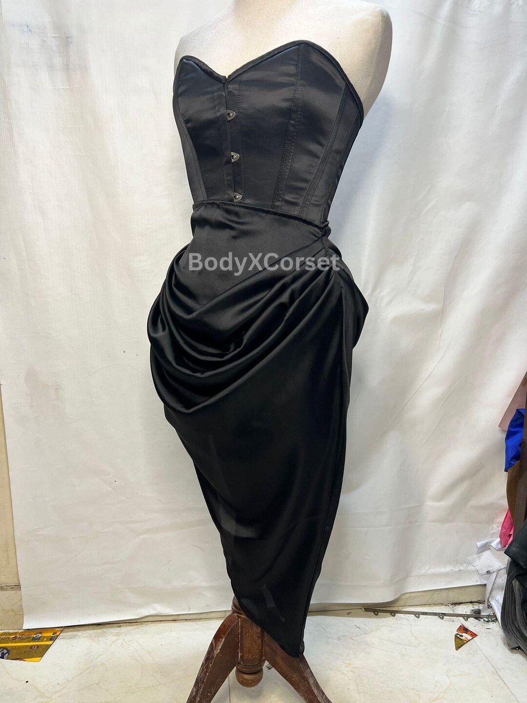 Gothic Black Satin Corset Dress Vintage-inspired Bustier Gown Victorian ...