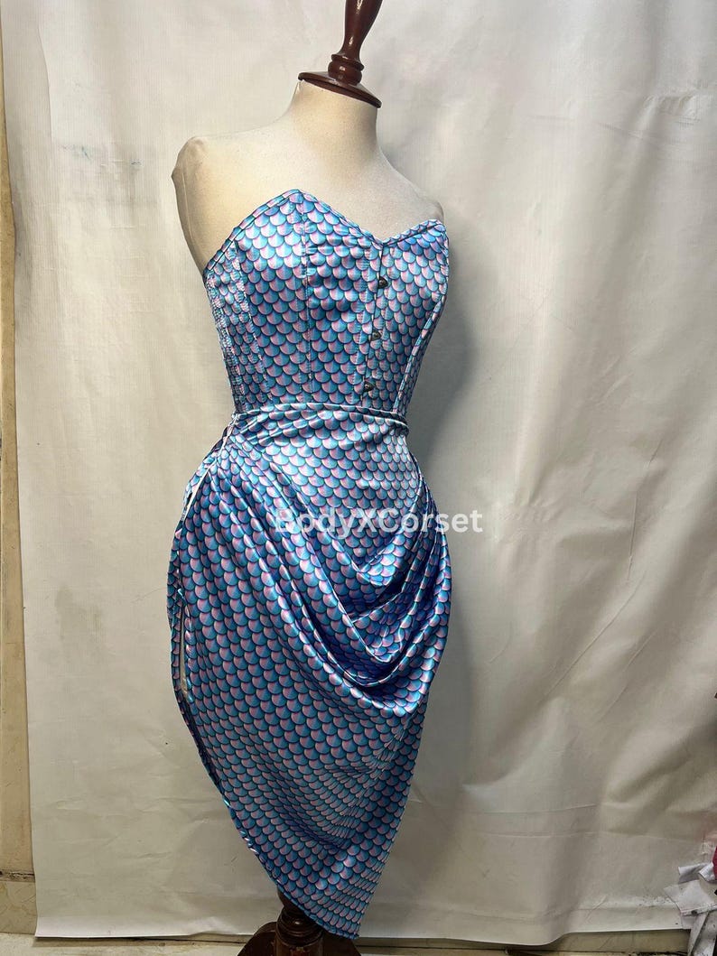 Mermaid Scale Corset Dress Strapless Sweetheart Gown, Shiny Blue Pink ...