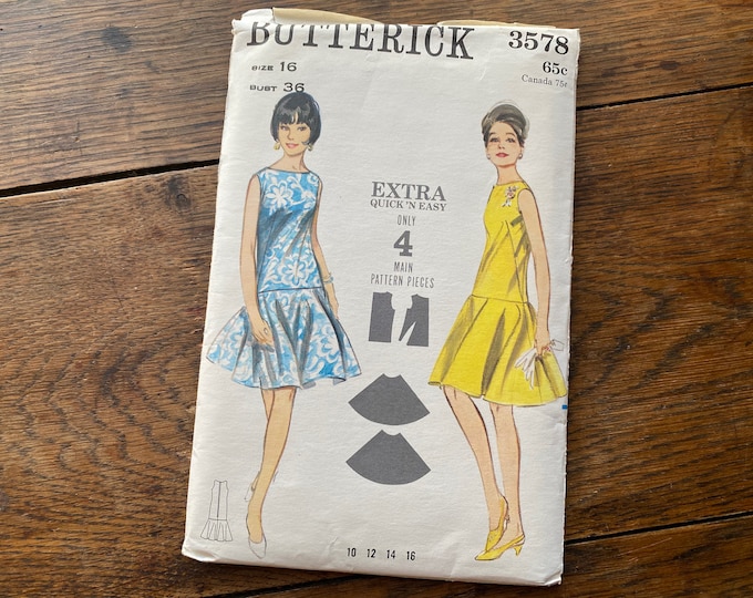 Butterick 3578, Quick'n Easy, One Piece Dress, Size 16 Bust 36, 1965 ...