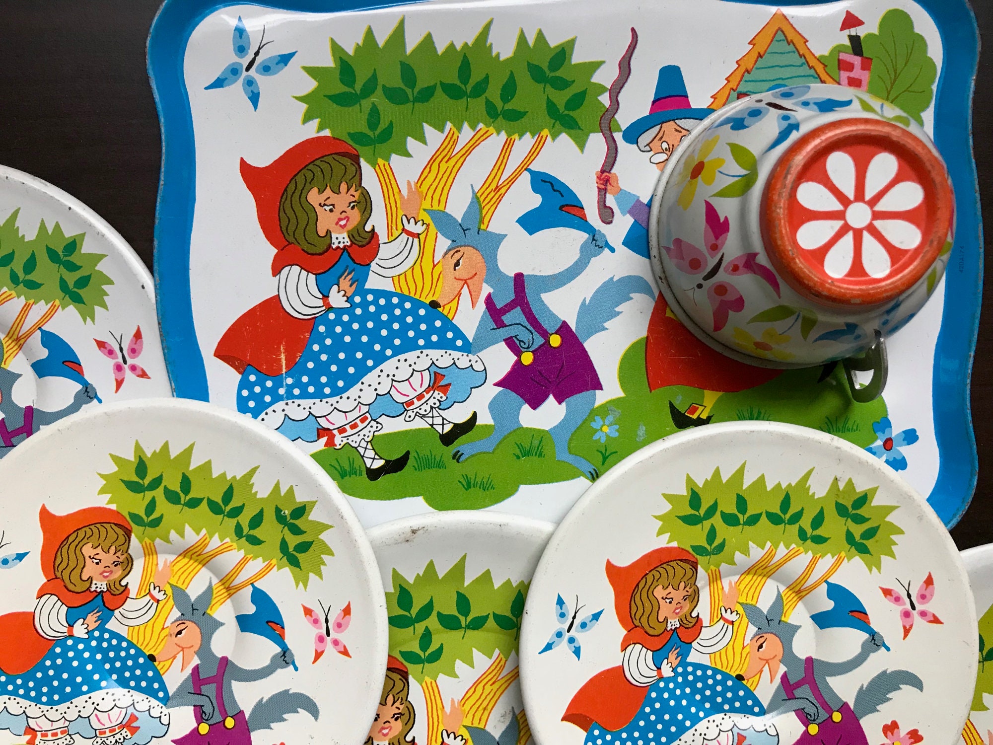 Lot of 7 Pieces From a Child's Tin Tea Set, Lithography Illustration ...