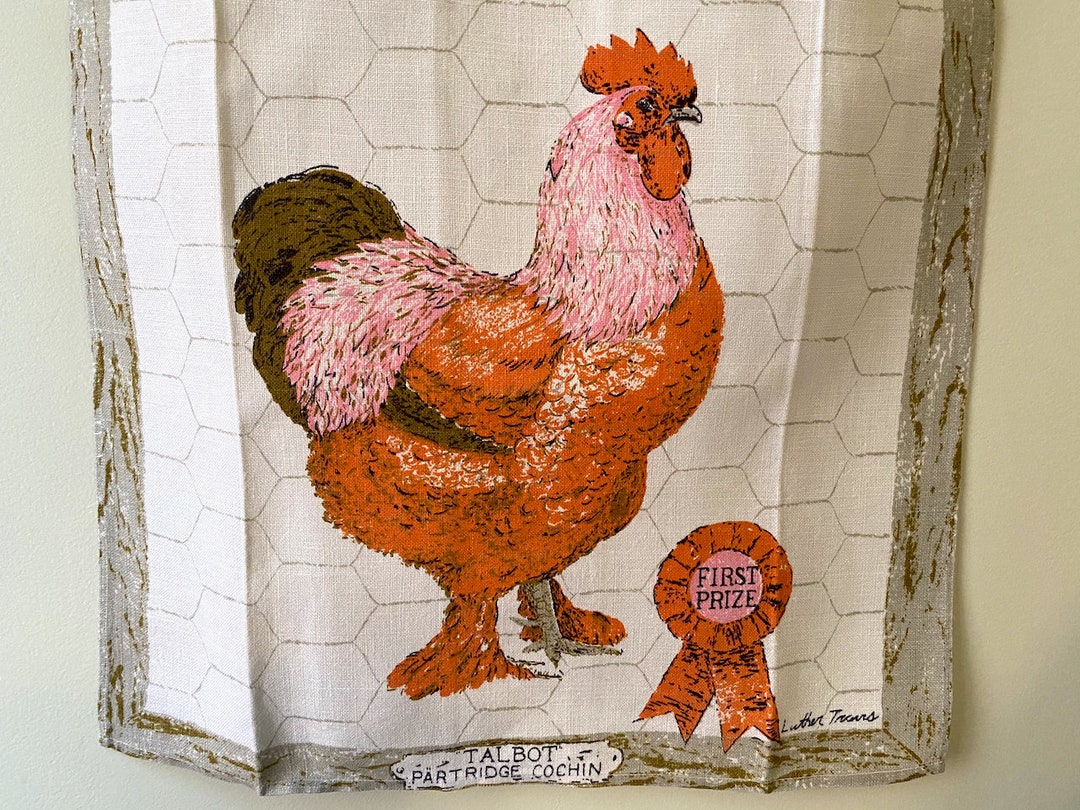 Vtg 1960s Luther Travis Linen Tea Towel, Rooster Chicken Wire, First ...