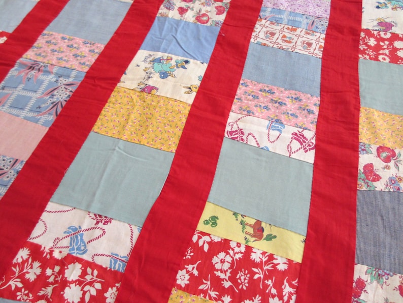 Red Stripe. Vtg Midcentury Quilt Top / Hand Work Handmade Stitched ...