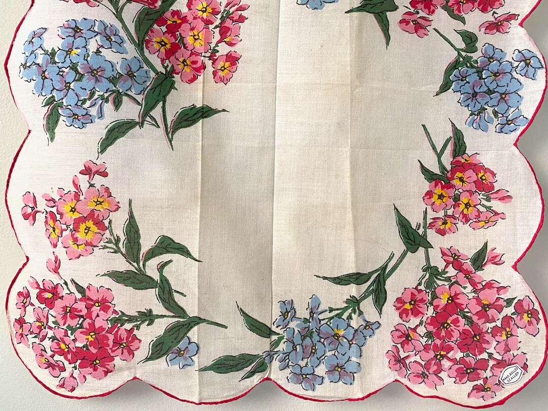 Vtg 1950s-1960s Pink Blue Floral Scallop Edge Hanky, Handkerchief ...