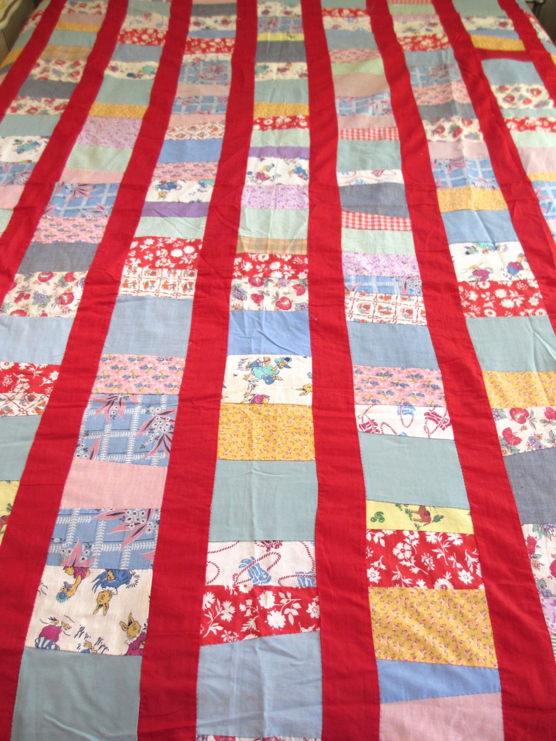 Red Stripe. Vtg Midcentury Quilt Top / Hand Work Handmade Stitched ...