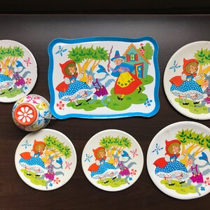 Lot of 7 Pieces From a Child's Tin Tea Set, Lithography Illustration ...