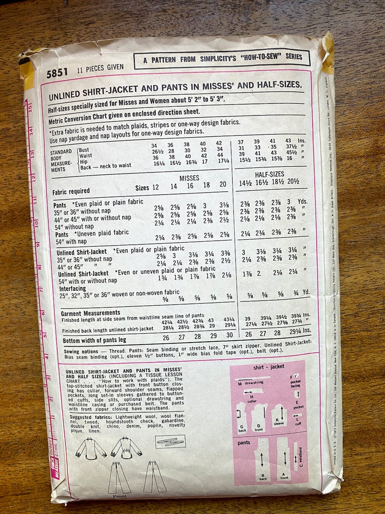 CUT/UNCUT Simplicity 5851, Size 18 Bust 40 Inch Misses, 1973 1970s ...