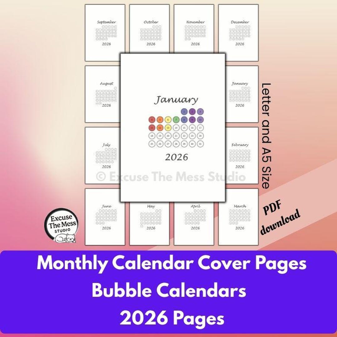 Monthly Bubble Calendar Cover Pages – 12 Printable Tracker Inserts for ...