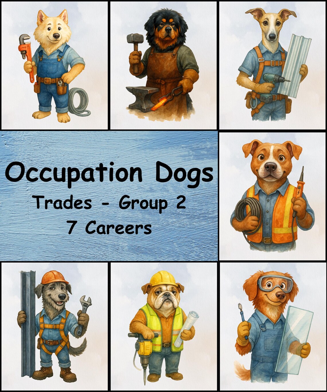 Trade Worker Dogs Clipart Bundle Group 2 | Construction Dog Watercolor ...