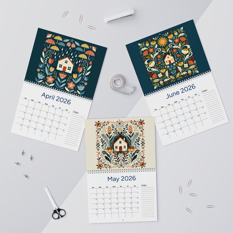 Scandinavian Folk Art Cottages Wall Calendar | Hygge Home Decor - Etsy
