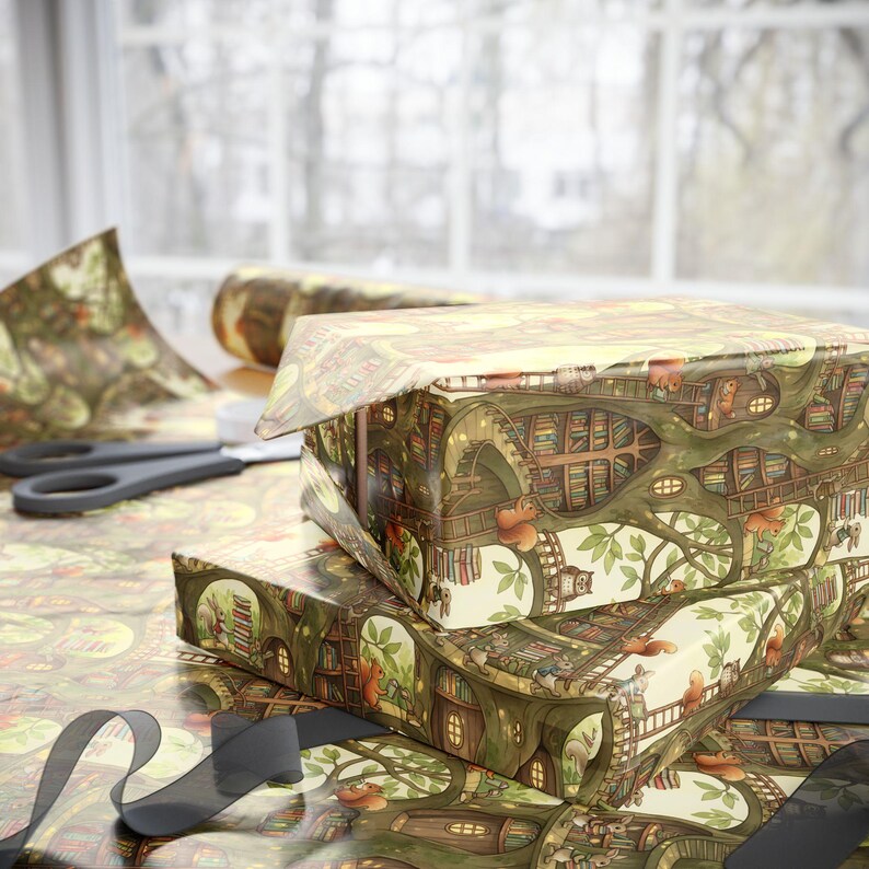 Whimsical Woodland Library Wrapping Paper – Forest Animal Book Tree ...