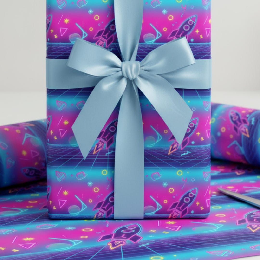 Retro Neon Rocket Gift Wrap, 80s Vaporwave Space Wrapping Paper - Etsy