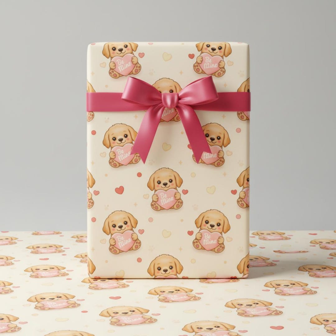 Valentine’s Day Puppy Wrapping Paper • “be Mine” Dog Gift Wrap for Kids ...