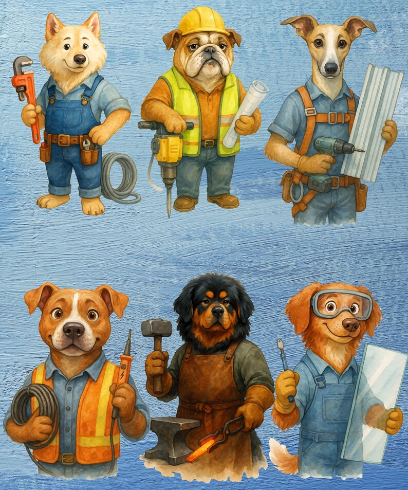 Trade Worker Dogs Clipart Bundle Group 2 | Construction Dog Watercolor ...
