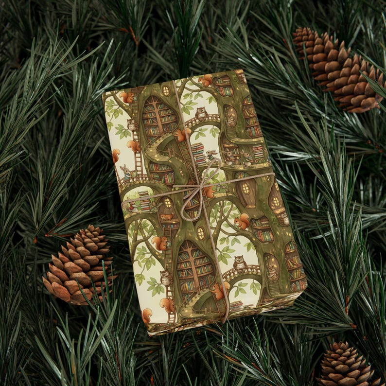 Whimsical Woodland Library Wrapping Paper – Forest Animal Book Tree ...