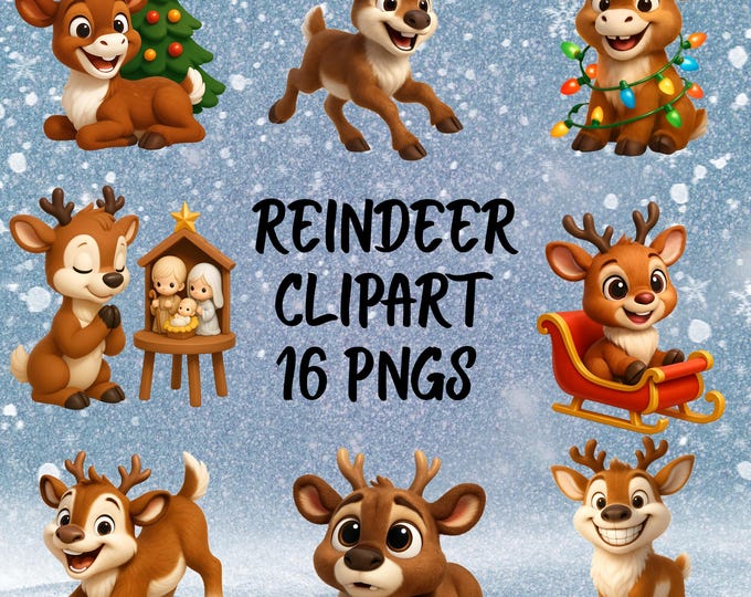 16 PNG Cute Reindeer Clipart – Christmas PNG – Holiday Digital Download ...