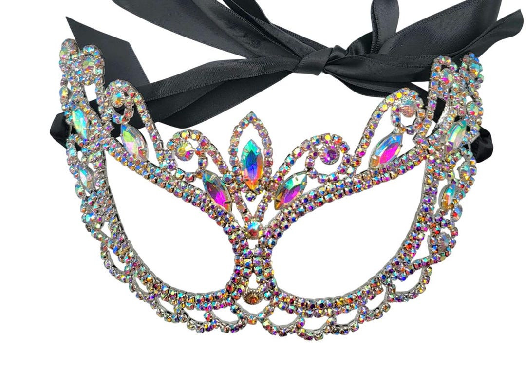 Silver Rhinestone Masquerade Mask: Crystal Eye Mask With Black Ribbon ...