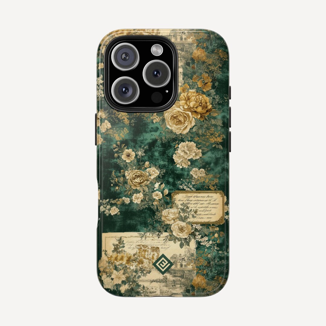 Vintage Emerald Green Collage Toile De Jouy Phone Case for iPhone 16 15 ...
